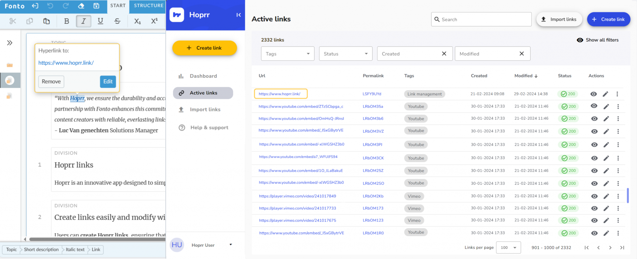 Hoprr and Fonto - Create and modify links without content changes